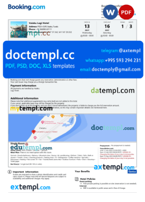 Tuvalu hotel booking confirmation Word and PDF template, 2 pages