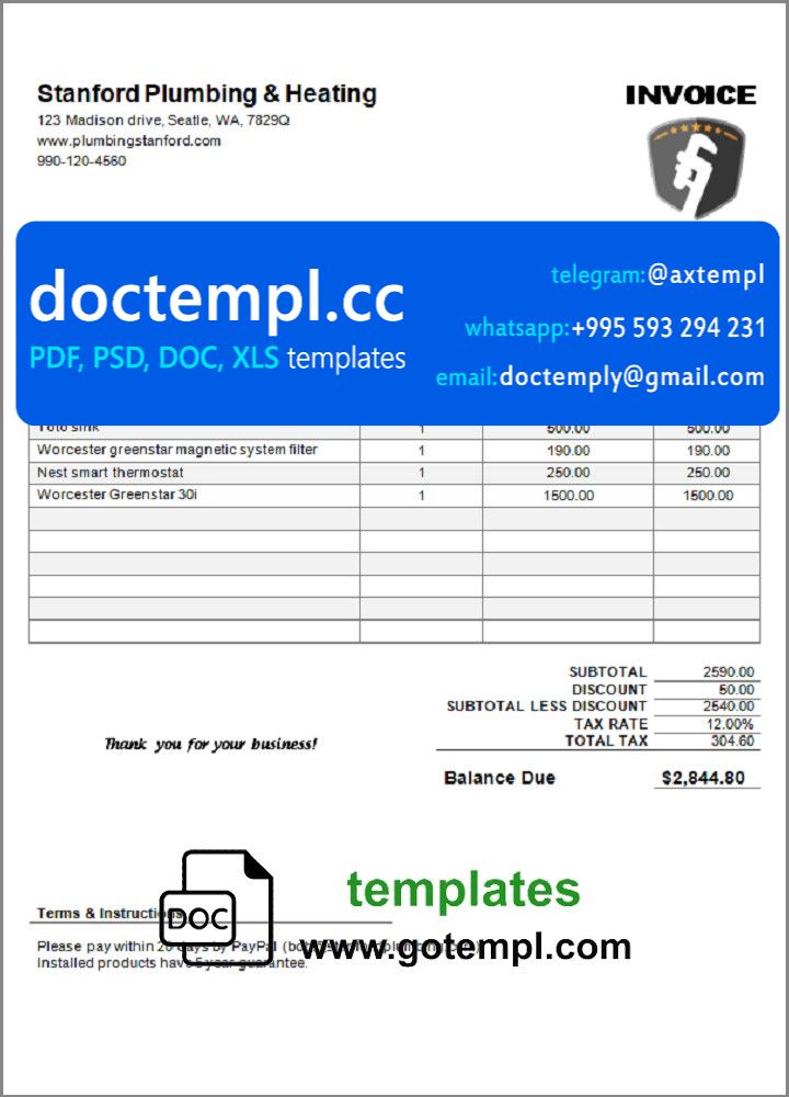 USA Stanford Plumbing & Heating company invoice template in Word and ...