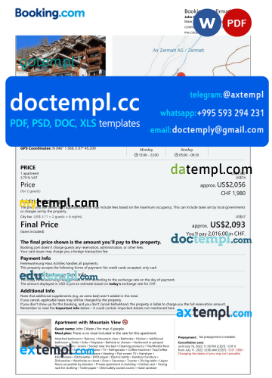 Switzerland hotel booking confirmation Word and PDF template, 2 pages