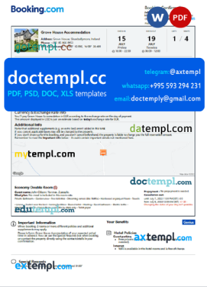 Ireland hotel booking confirmation Word and PDF template, 2 pages ...