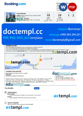 Kenya hotel booking confirmation Word and PDF template, 2 pages