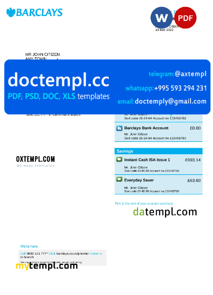 United Kingdom Barclays bank statement, Word and PDF template, 4 pages ...