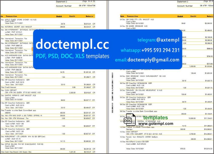 Australia Commonwealth bank statement template in Word and PDF format, 23 pages