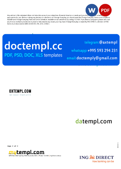 Australia ING Direct bank statement, Word and PDF template, 2 pages