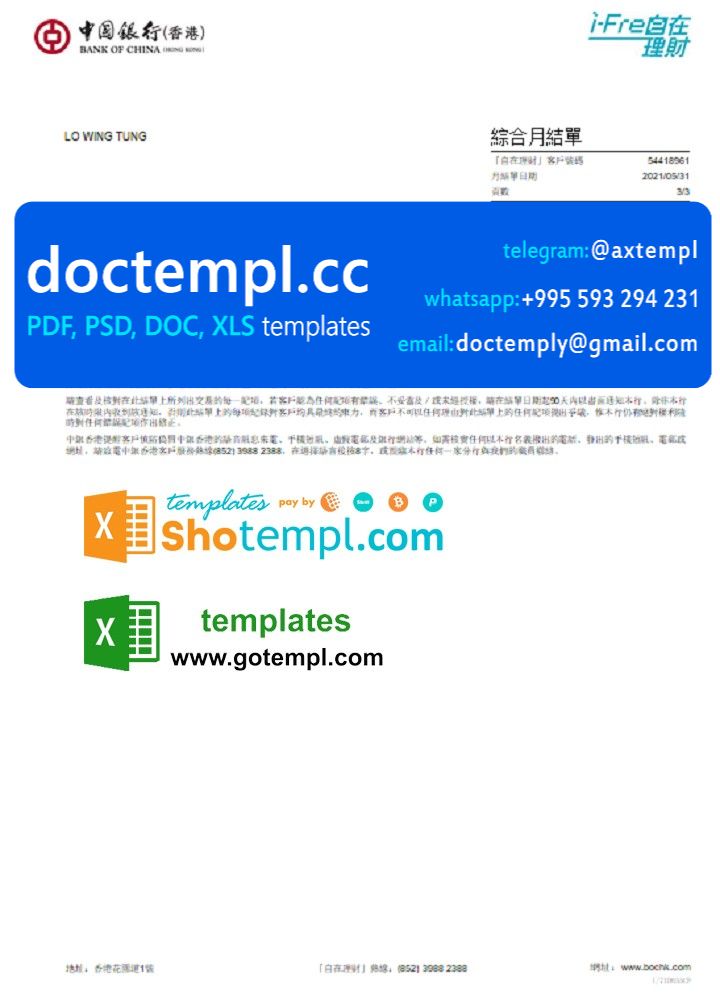 Hong Kong Bank of China (Hong Kong) bank statement template in Excel ...