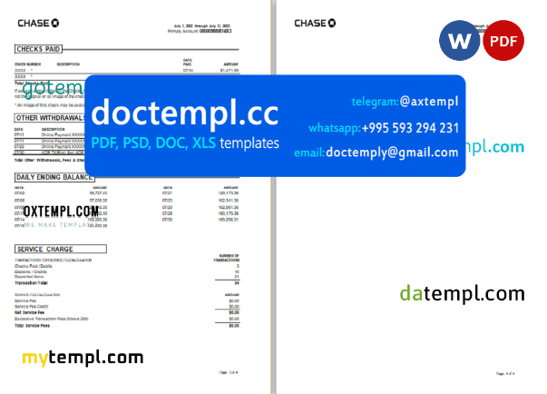 USA Chase bank statement Word and PDF template, 4 pages