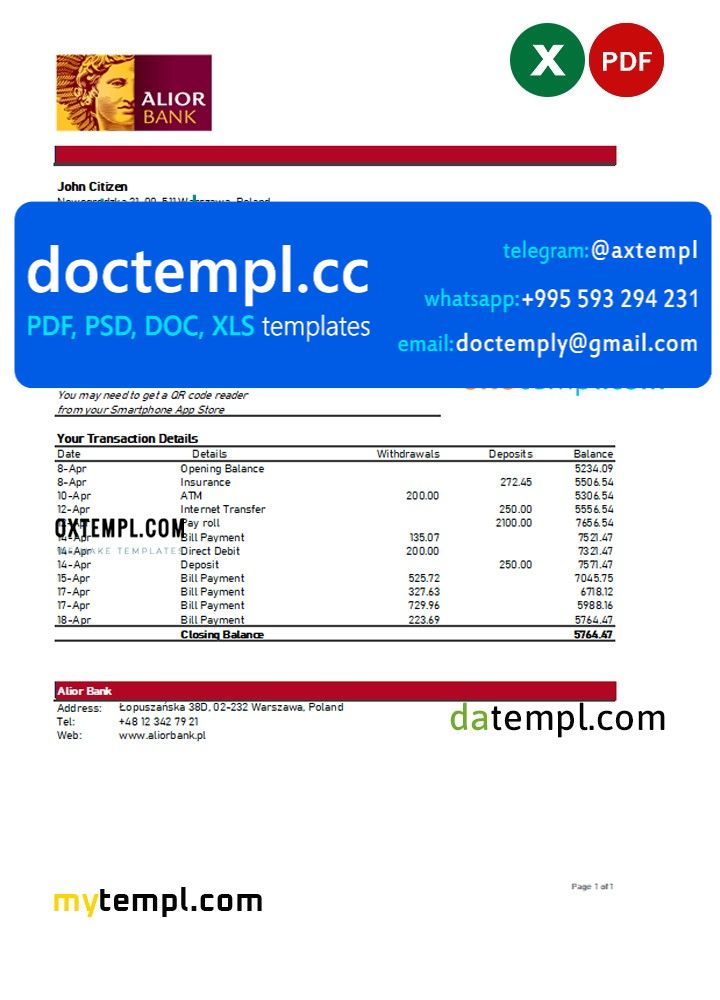 Poland Alior bank statement Excel and PDF template