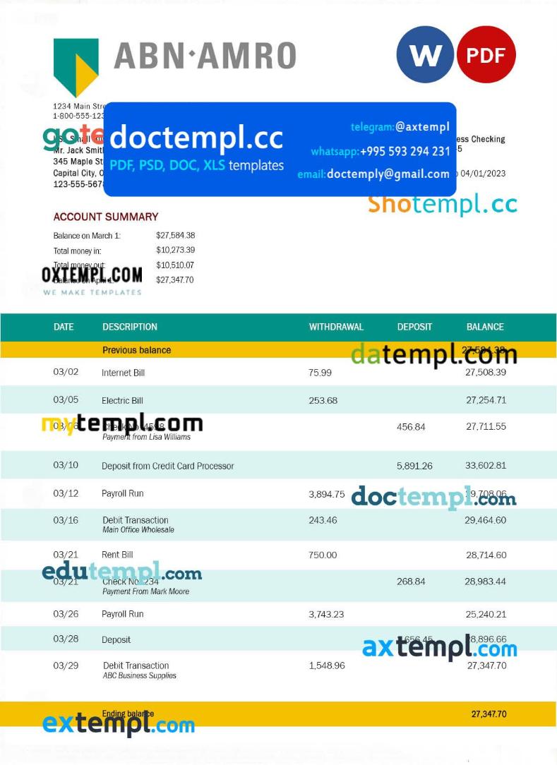 ABN AMRO Bank company checking account statement Word and PDF template