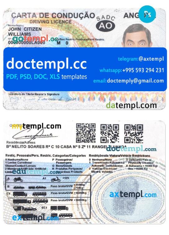 Angola driving license template in PSD format, 2018-2028