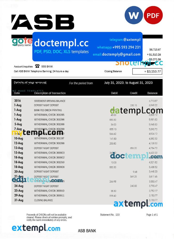ASB Bank company statement Word and PDF template