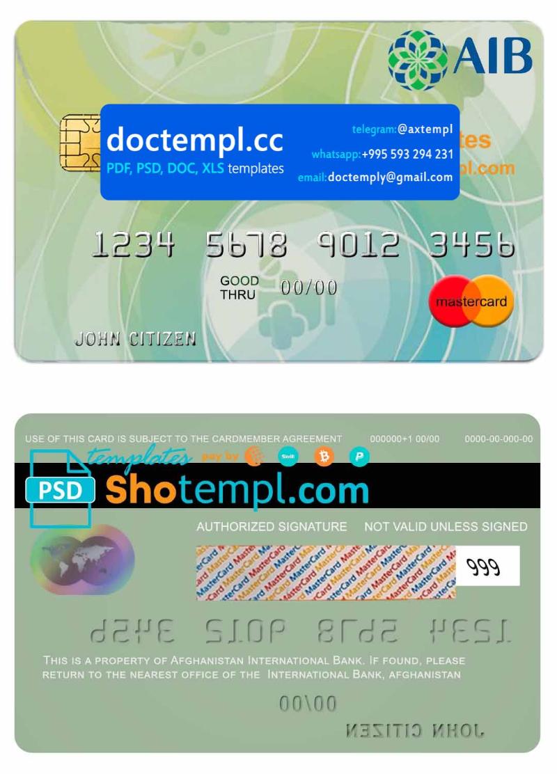 Afghanistan International bank mastercard credit card template in PSD ...