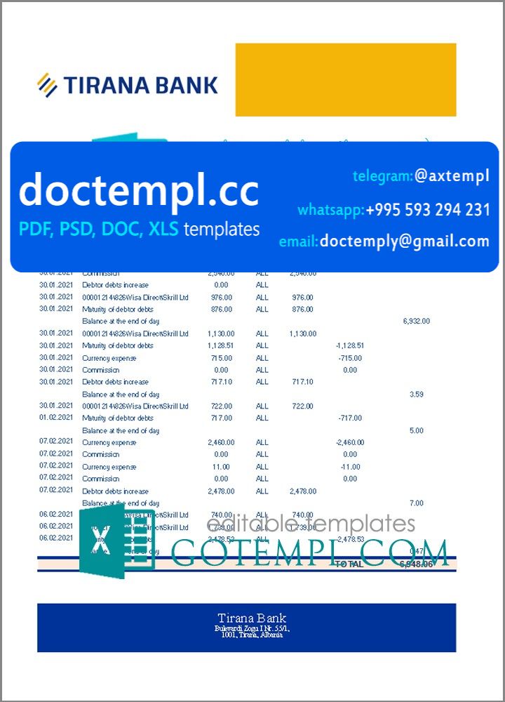 Albania Tirana bank statement template in Excel and PDF format