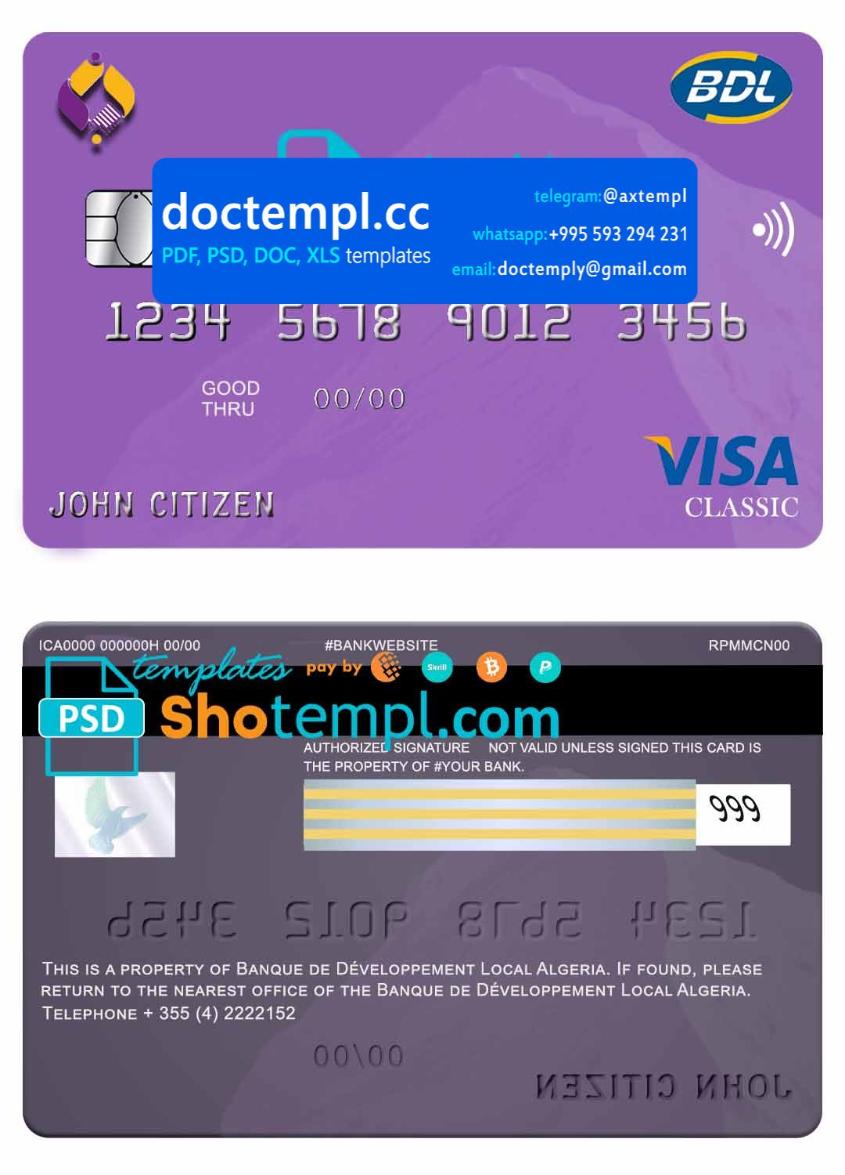 Algeria Banque de developpement bank visa credit card template in PSD ...
