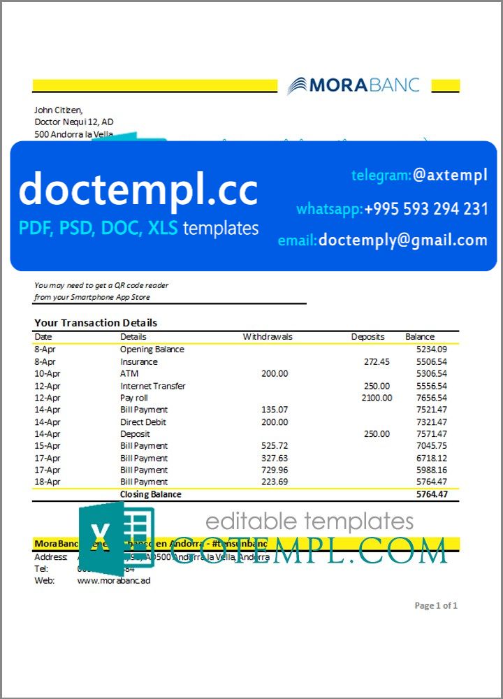 Andorra MoraBank bank statement template in Excel and PDF format