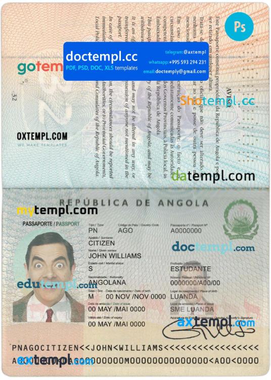 Angola passport editable PSD files, scan and photo look templates, 2 in 1