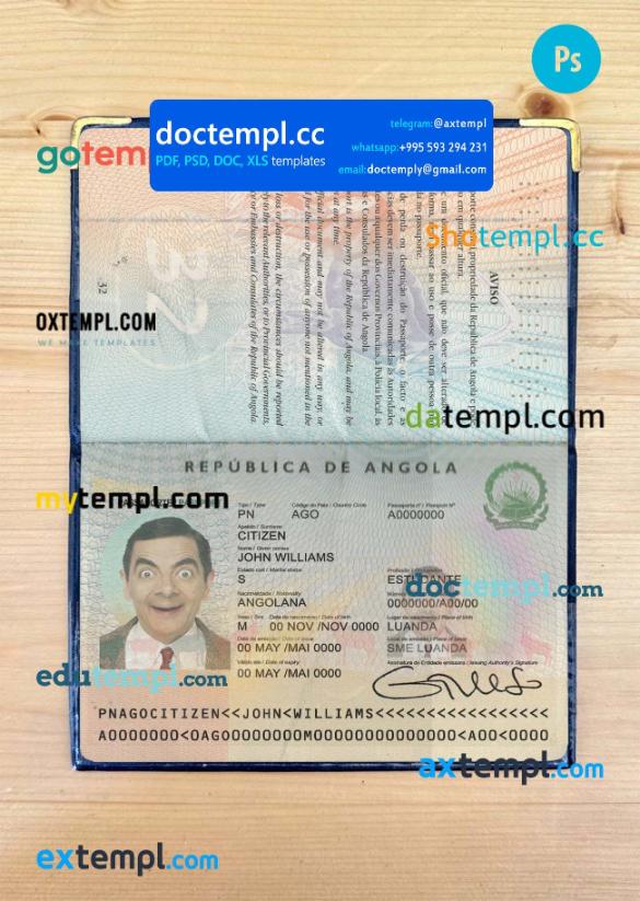 Angola passport editable PSD files, scan and photo look templates, 2 in 1