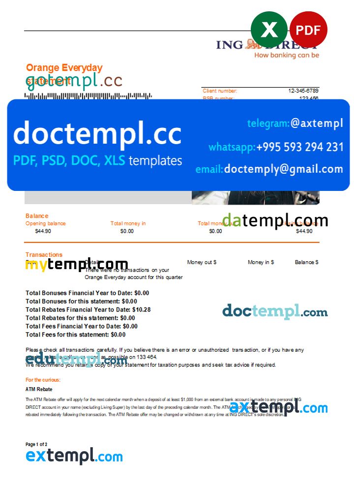 Australia ING Direct bank statement, Excel and PDF template, 2 pages ...
