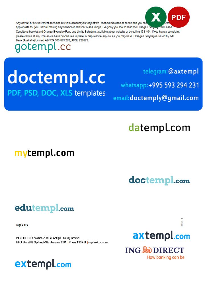 Australia ING Direct bank statement, Excel and PDF template, 2 pages ...