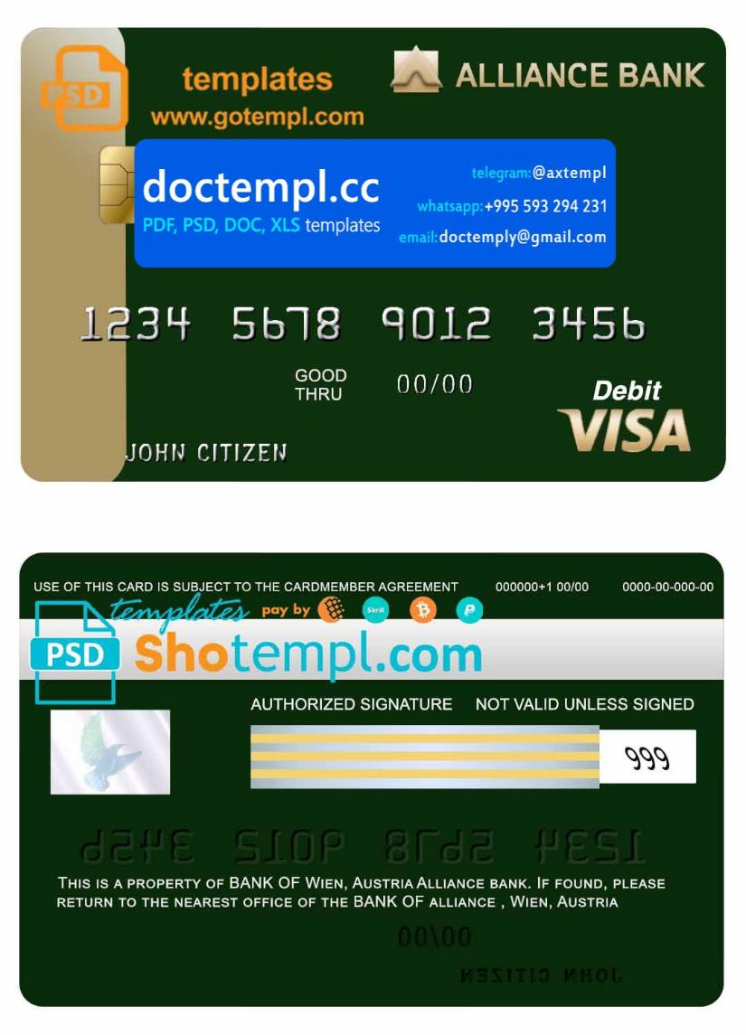 Austria Alliance bank visa card template in PSD format, fully editable