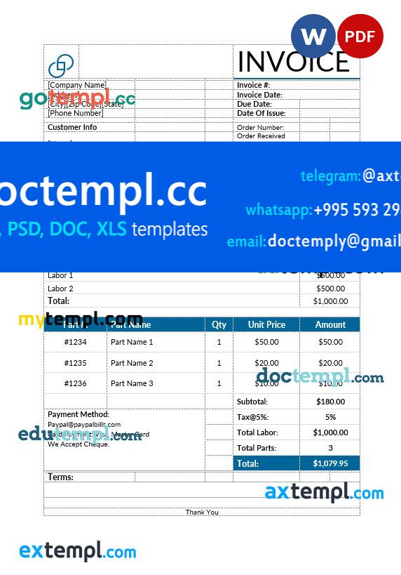 Auto repair service invoice template in word and pdf format