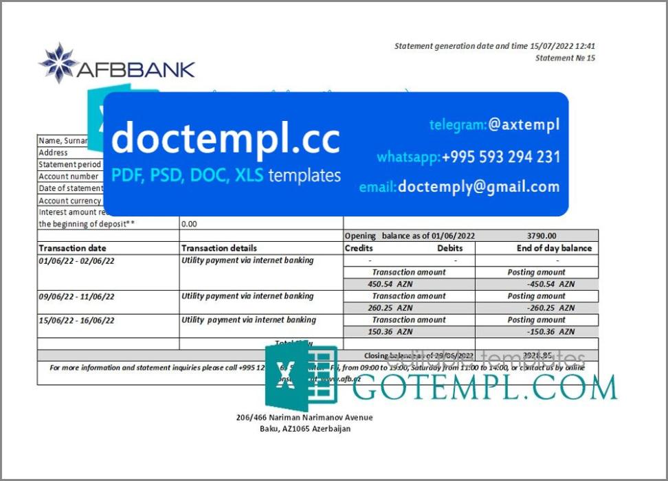 Azerbaijan Afbbank bank statement template in Excel and PDF format