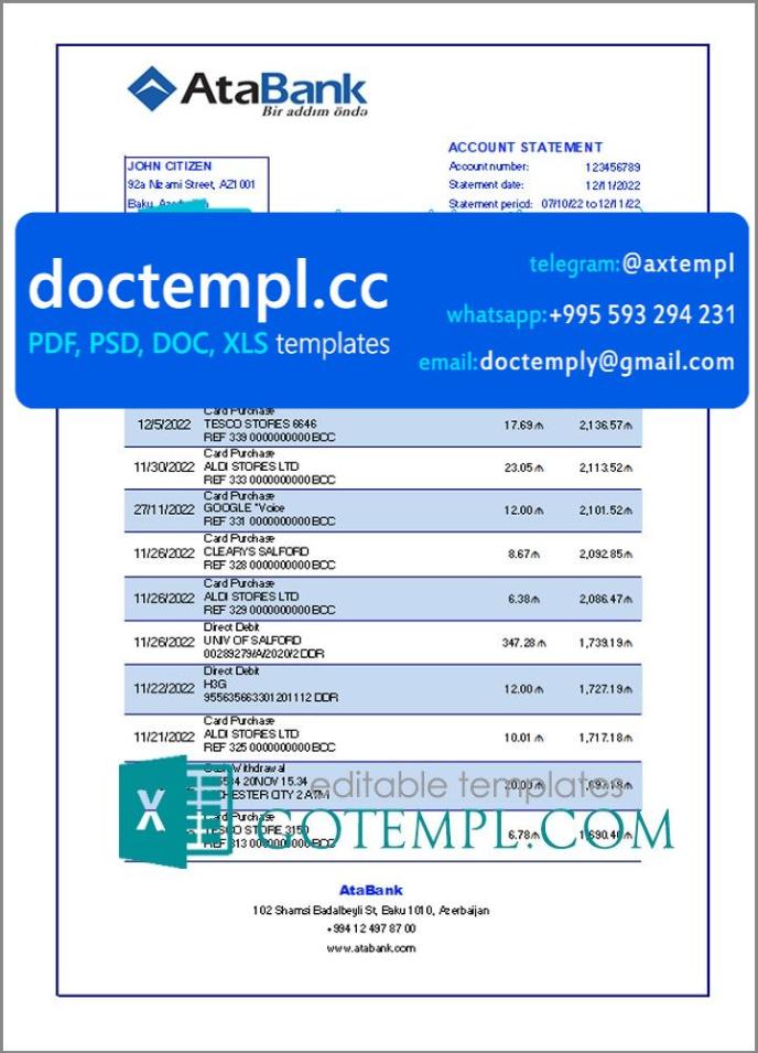 Azerbaijan AtaBank bank statement template in Excel and PDF format
