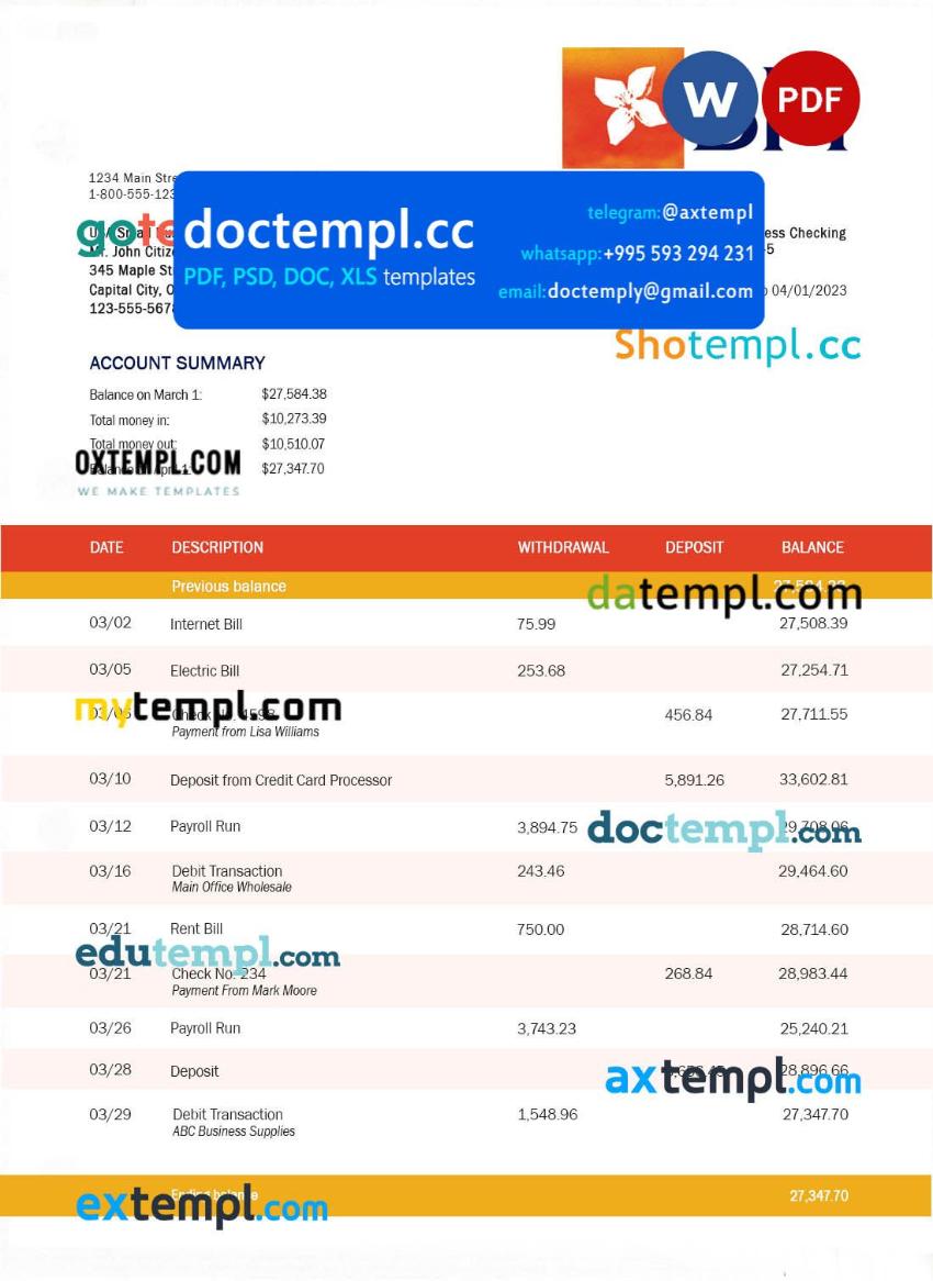 Banco Bpi firm account statement Word and PDF template