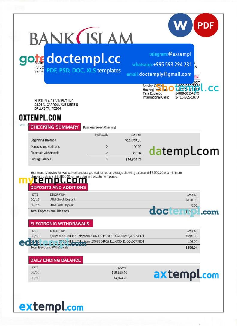 Bank Islam company account statement Word and PDF template – doctempl.cc