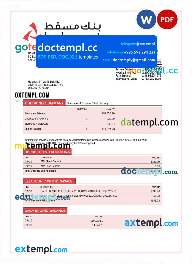 Bank Muscat enterprise account statement Word and PDF template