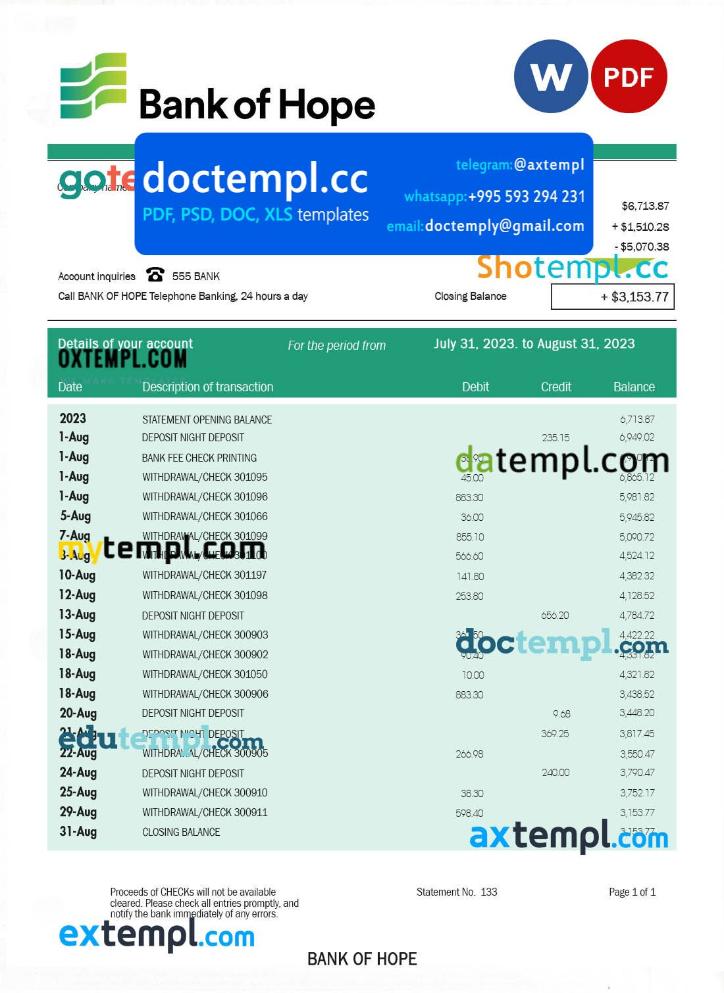 Bank of Hope company checking account statement Word and PDF template