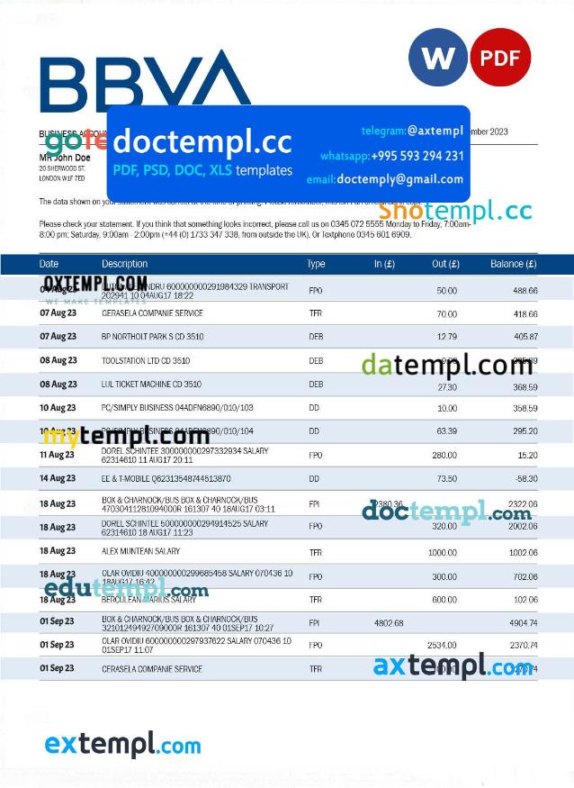 BBVA Bank organization statement Word and PDF template