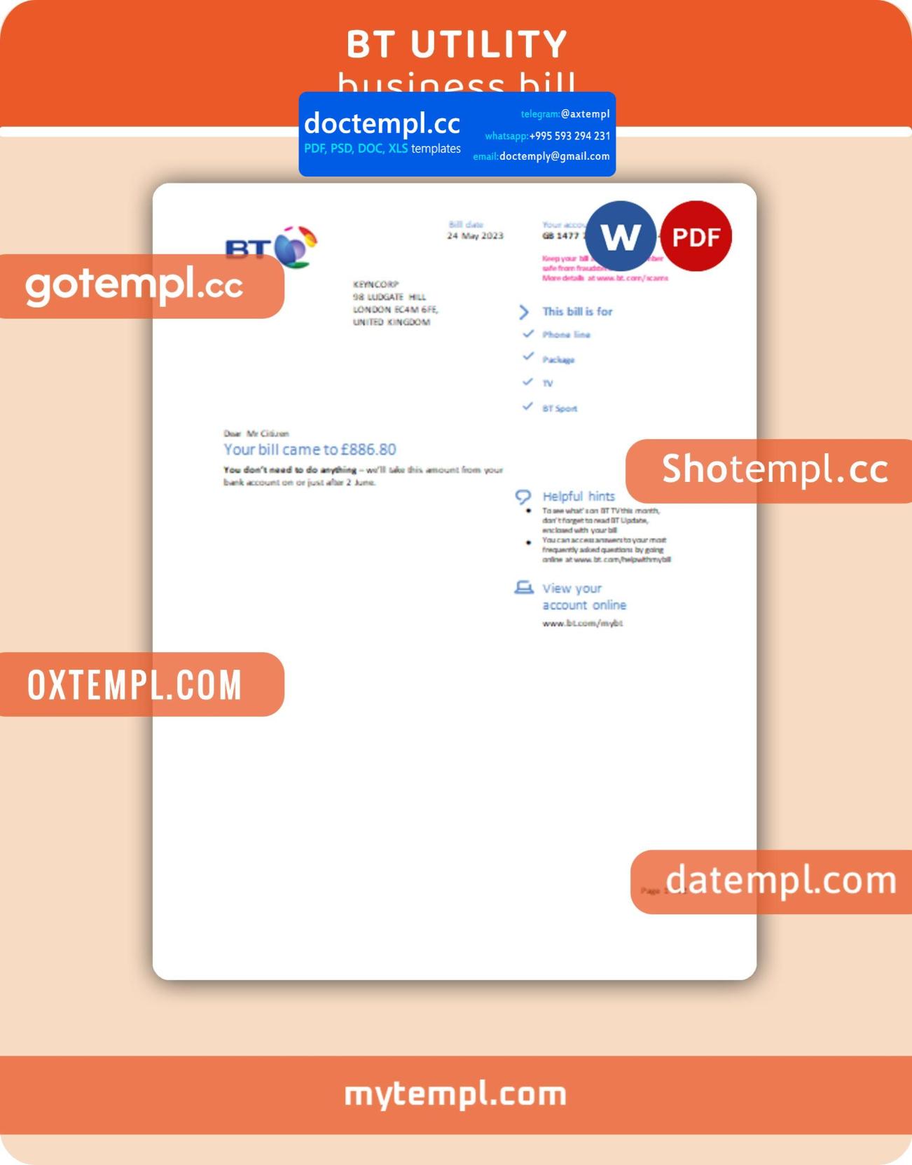 BT business utility bill, Word and PDF template