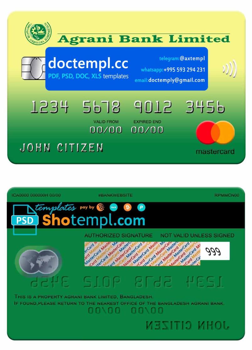 Bangladesh Agrani bank mastercard template in PSD format, fully editable
