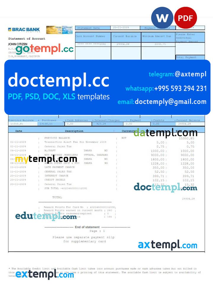 BANGLADESH BRAC Bank statement Word and PDF template