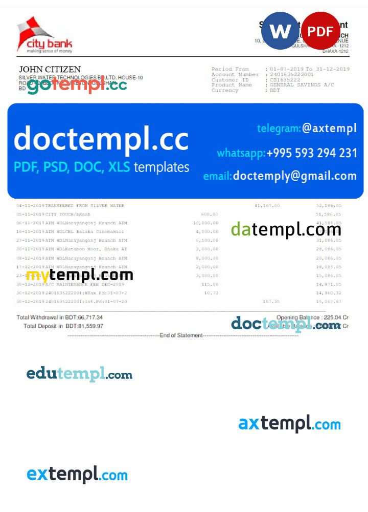 BANGLADESH CITY BANK statement Word and PDF template