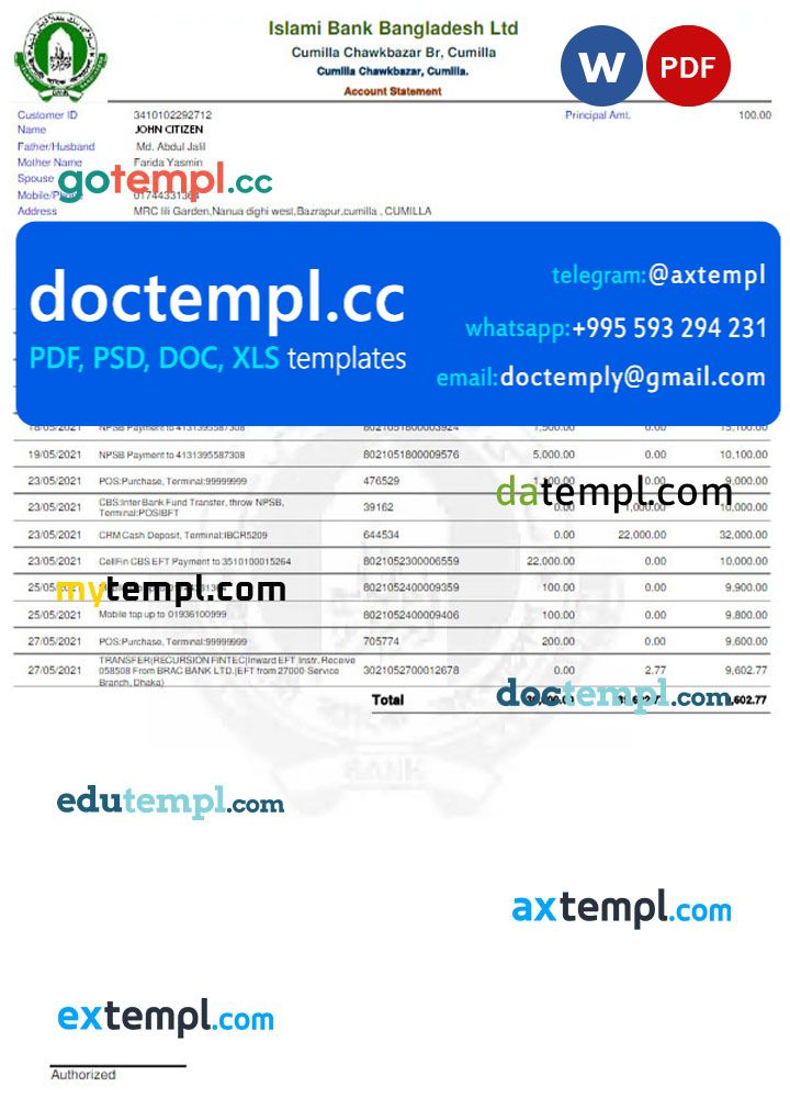 BANGLADESH ISLAMI BANK statement Word and PDF template
