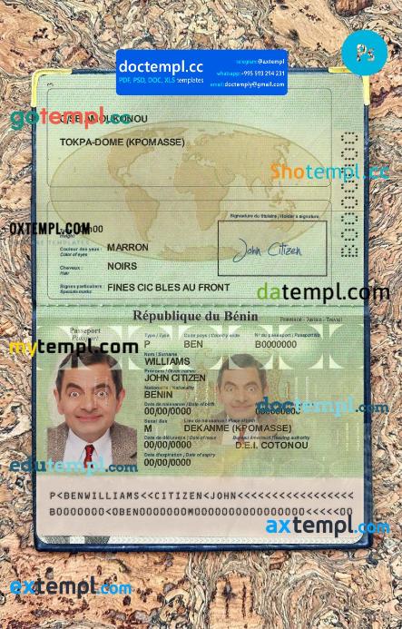 Benin passport editable PSD files, scan and photo-realistic look, 2 in 1