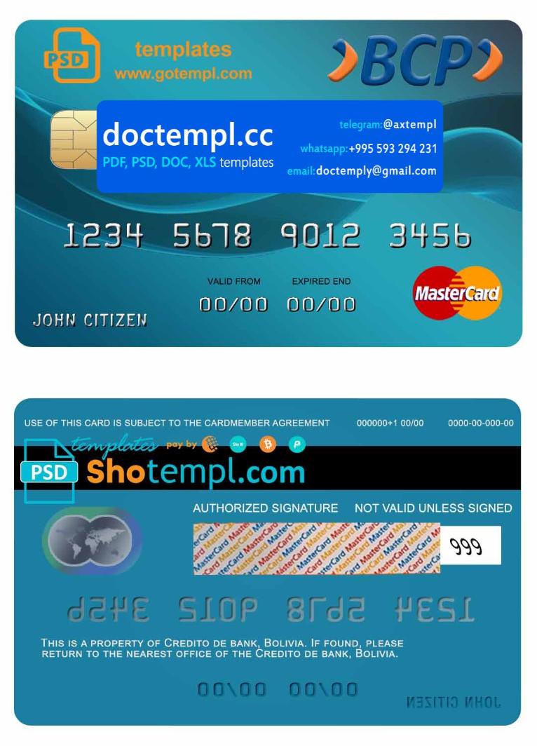 Bolivia Credito bank mastercard template in PSD format, fully editable