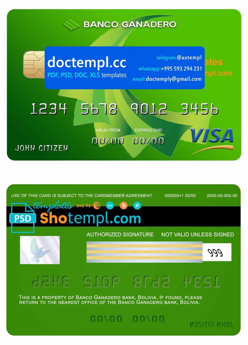 Bolivia Ganadero bank visa card template in PSD format, fully editable