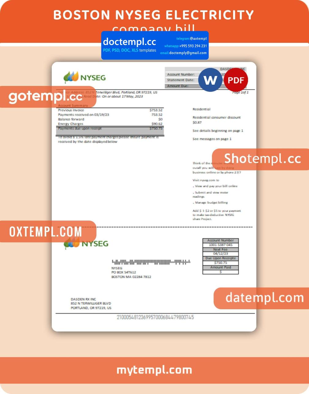Boston NYSEG electricity business utility bill, Word and PDF template ...
