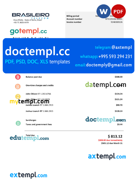 Brazil Braziliero Telecom telecommunication bill Word and PDF template