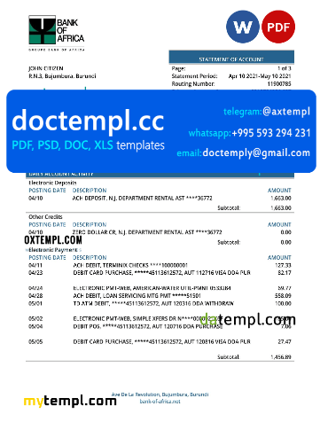 Burundi Bank of Africa bank statement Word and PDF template