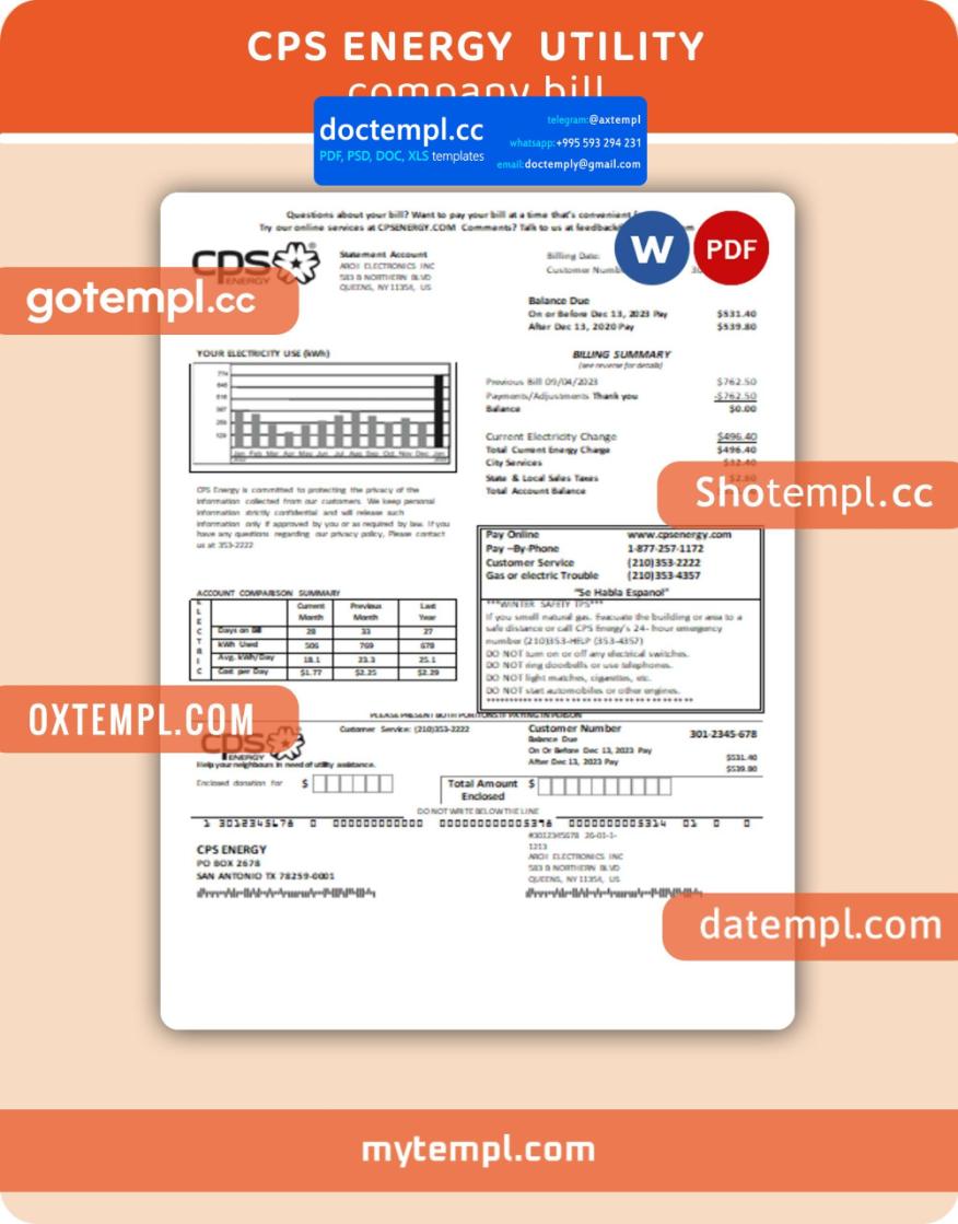 CPS Energy business utility bill , Word and PDF template