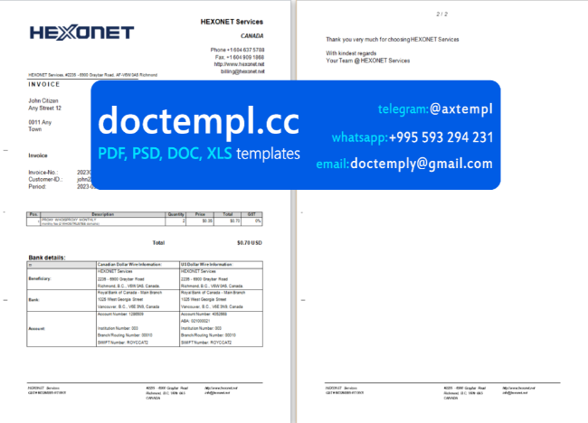 Canada Hexonet Services invoice Word and PDF template, 2 pages