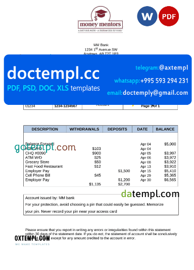 Canada Money Mentors (MM) bank statement Word and PDF template