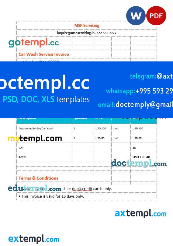 Car Wash Service Invoice template in word and pdf format