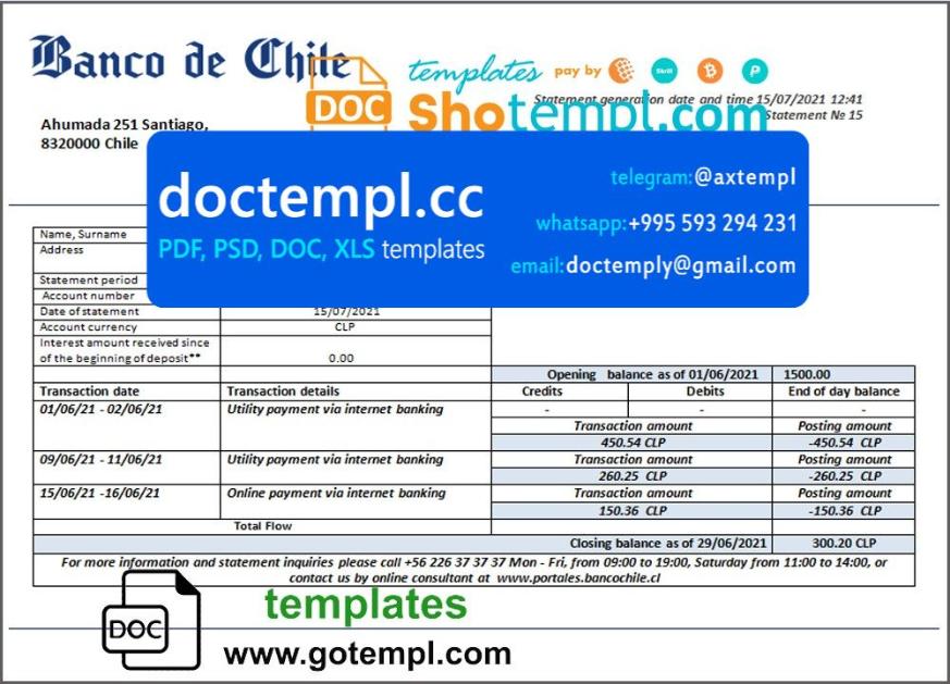 Chile Banco de Chile bank statement template in Word and PDF format