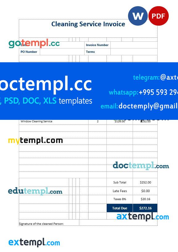 Cleaning service invoice template in word and pdf format