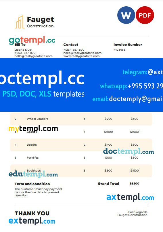 Construction invoice template in word and pdf format