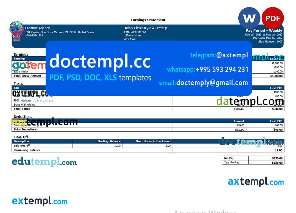 Creative company earning statement in Word and PDF formats